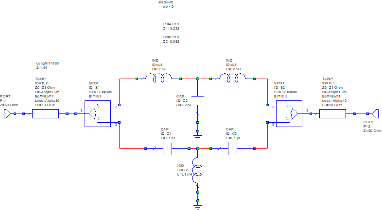 Multi-bit phase shifter design using Microwave Office